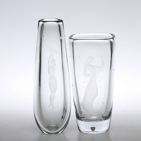 VASES, 2 pcs, glass, Vicke Lindstrand, Sven Palmqvist, Orrefors, 1900s ...