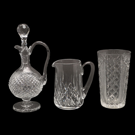 A WATERFORD CRYSTAL LISMORE PATTERN ICE PITCHER, A WATERFORD CUT GLASS ...