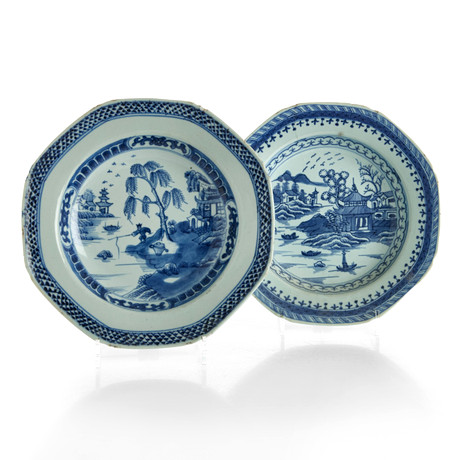 A set of plates (2), deep, china, 18th century, decorated in underglaze ...