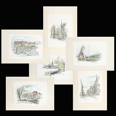 EBBE FOG. "Sundsvall", 6 pieces, color lithographs, signed and numbered ...