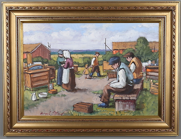 H.E STRAND. "I väntan på auktion", olja på duk, signerad. Konst ...