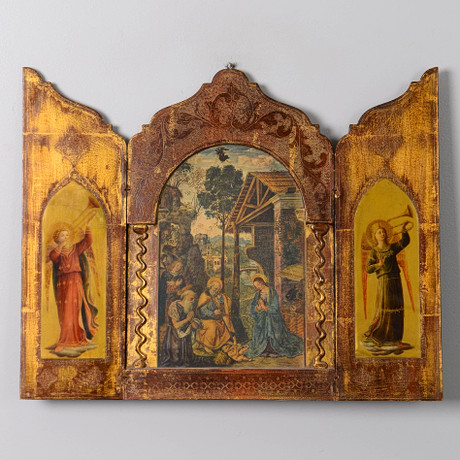 BERNARDINO DI BETTO. After. A triptych, “The Birth of Christ”, art print and painted decoration ...