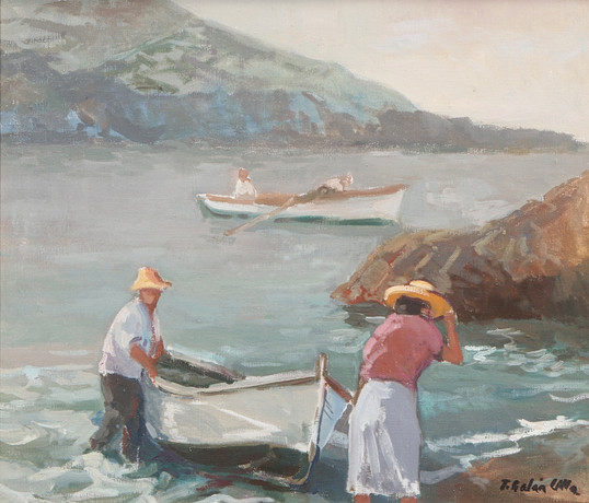 TEÓFILO GALÁN ULLA. Oil painting on canvas. “After fishing”. Signed ...