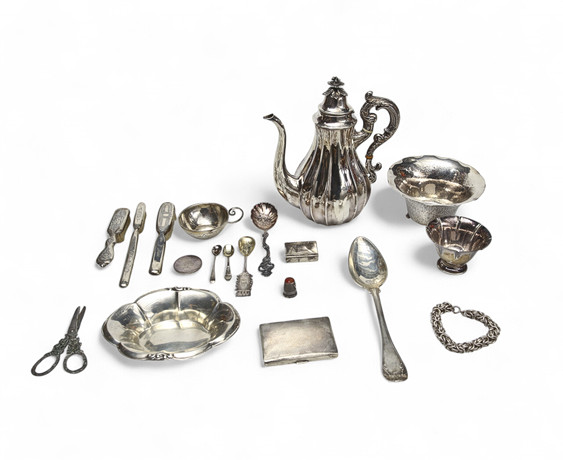 PARTI SILVER, coffee pot, saucer, cigarette cases, brushes. Silver ...