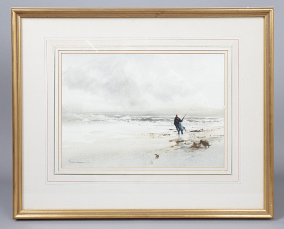 PHILIP GARDNER (BRITISH, 1922-1986) FISHING ON THE BEACH. Art ...