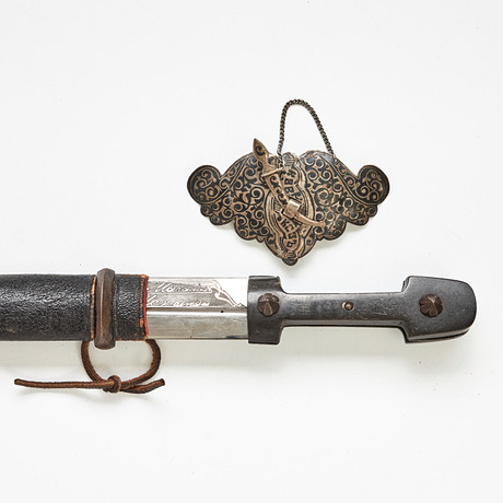 A Caucasian KINDJAL and BELT BUCKLE, silver with niello decor, first ...