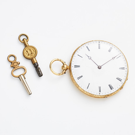 A pocket watch, 18k gold, white enamelled dial, Roman numerals, inner ...