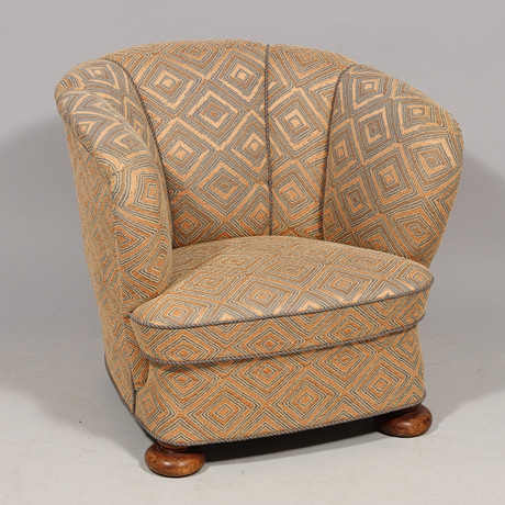 Upholstered armchair with spherical legs of stained beech, Danish ...