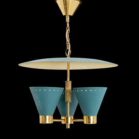 A ceiling lamp, 3 light points, brass with perforated screens in ...