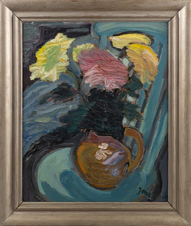 GUNNAR JONN. "Blommor i blå stol", olja på pannå. Konst - Måleri ...