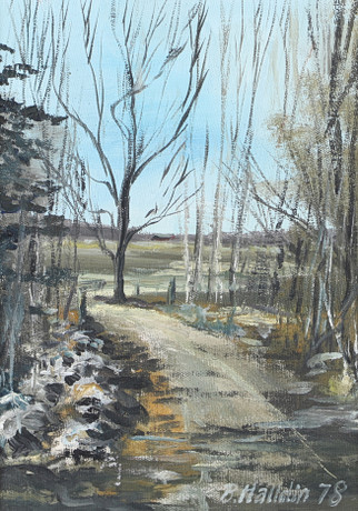 BROR HALLDIN. Skogsväg, olja på pannå, signerad B. Halldin. Konst ...