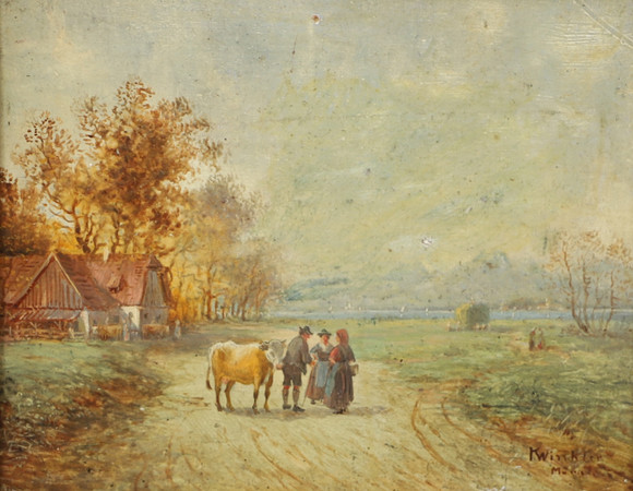KARL WINKLER. After. Landscape with figures and cow, oil print. Art ...