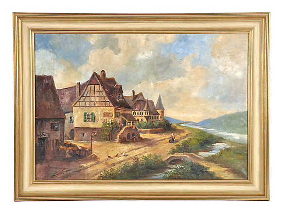 KÄTE RAMMELT-BÜRGER. Historical village with people on a river. Art ...