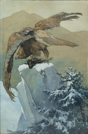 JOHAN JOHANSSON (1879-1951). Bird of prey with prey in snowy mountain ...