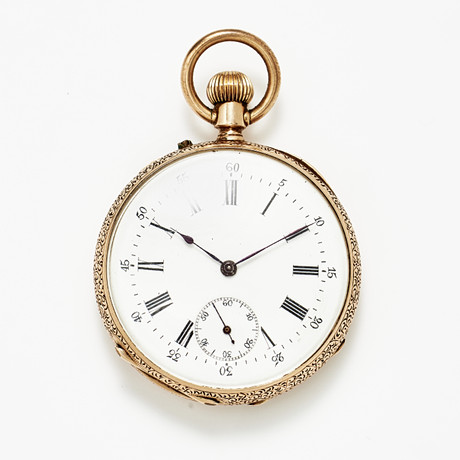 POCKET WATCH, 14k gold, white enamelled dial, roman numerals, plastic ...