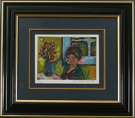 JENS MATHISEN. Woman at a flower, color lithograph no. 38/275, signed ...