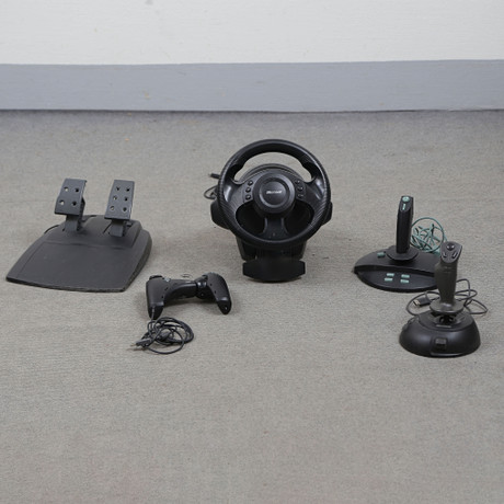 5 PIECES MICROSOFT, STEERING WHEEL WITH PEDALS, JOYSTICKS AND GAME BOX ...