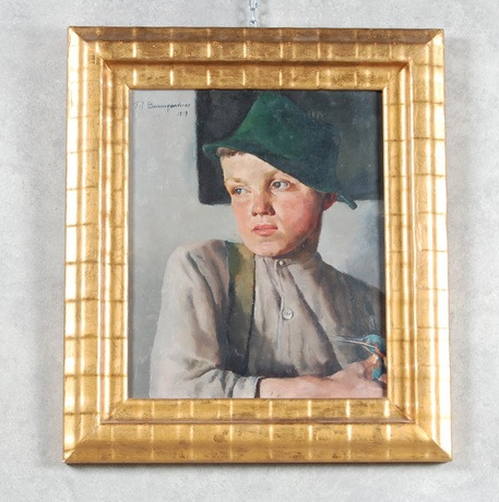 THOMAS BAUMGARTNER. olja på pannå, " Gosse med fågel " signerad TH ...