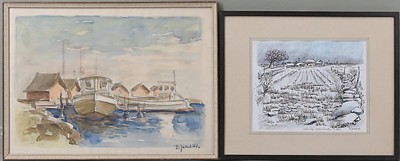 BERT ZEDRÉN. , 2 tavlor, Akvarell "Hamnmotiv", Blandteknik "Södra ...