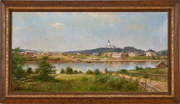 AUGUST JANSSON (1851-1915). Vy över Åsele och Ångermanälven. Olja på ...