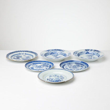 PLATES. 6 dlr, China, porcelain, underglaze blue, varied decor of river ...