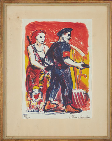 ALBIN AMELIN. Composition with farm workers, lithograph in colours ...