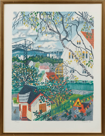 MONA HUSS WALIN. "Grannens äppelträd", färglitografi, signerad och ...