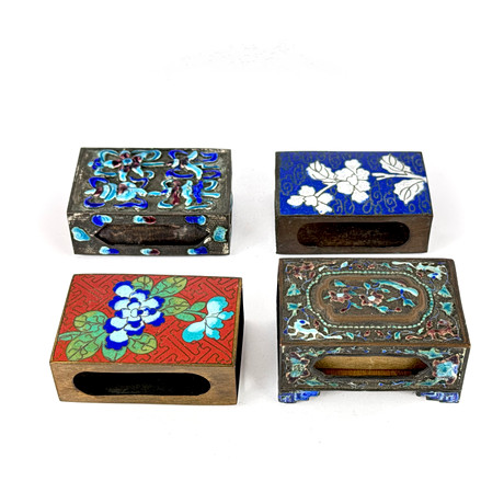 FOUR EARLY 20THC CHINESE CLOISONNE AND OTHER MATCHBOX COVERS. Asiatica ...