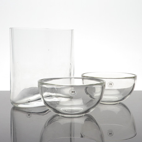 A set of 3 glass objects, Reijmyre, with labels. Glass - Utility glass ...