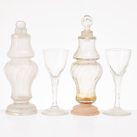 A pair of 18th century rococo vinegar bottles, lace glass, 19th century ...