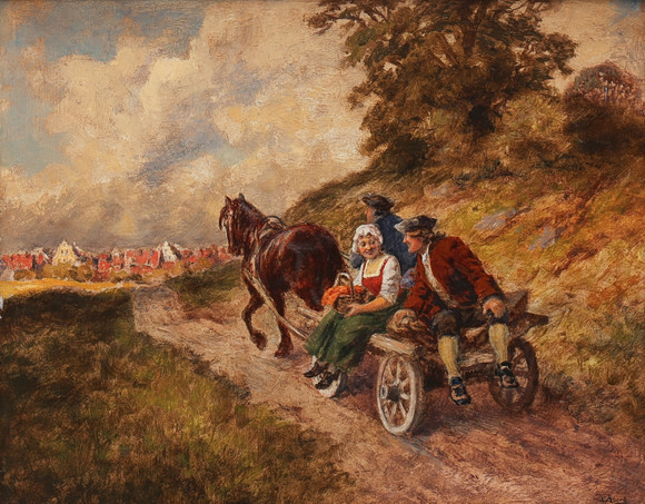 EMIL ÅBERG (1864-1940), olja på pannå, hästekipage på landsbygd ...