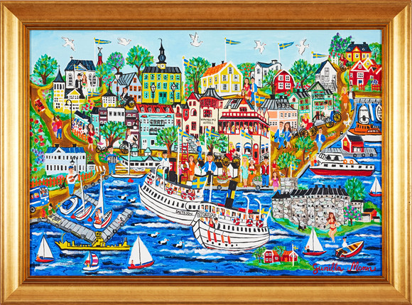 GUNILLA MANN. "Vaxholm, Den lilla Skärgårdsstaden", olja på duk. Konst ...