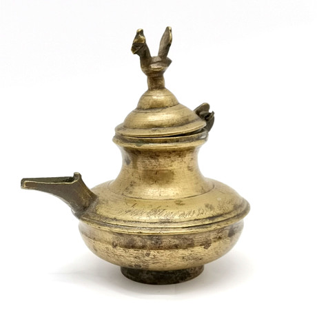 ASIAN METAL GHEE OIL VESSEL WITH PEACOCK BIRD DETAIL TO HINGED LID ...