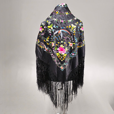 MANILA SILK SHAWL WITH BLACK BACKGROUND WITH BIRD AND BRIGHTLY COLORED ...