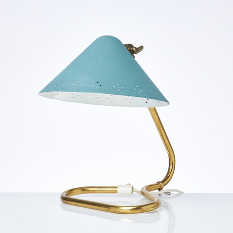 WALL/TABLE LAMP. 1950s, brass arm, screen in blue lacquered perforated ...