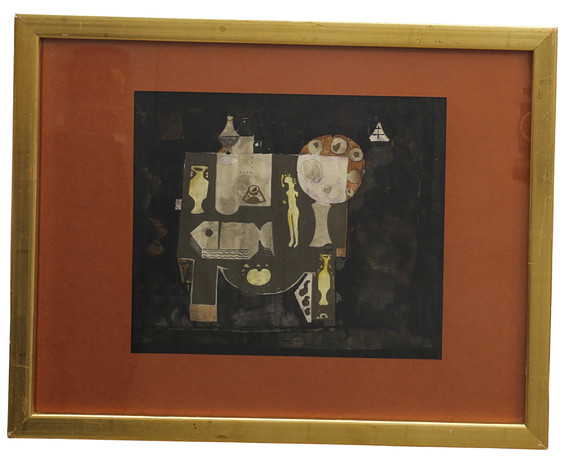 CLAES FOLCKER. mixed media on paper, motif pots, fish, figure, signed ...