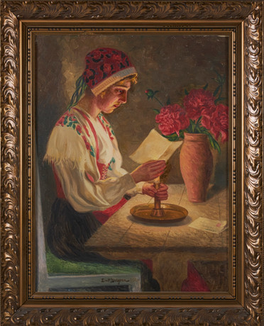 EMIL LINDGREN (1866-1940). Woman in folk costume reads, oil on canvas ...