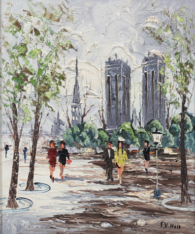 OIDENTIFIERAD KONSTNÄR. Folkliv i park, olja på duk, signerad SV Holt ...