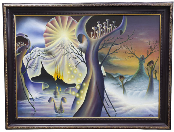 OIDENTIFIERAD KONSTNÄR. oil on canvas, surrealist composition, signed ...