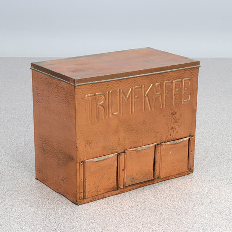 COFFEE CONTAINER. Hammered copper-colored sheet metal. “Triumph coffee ...