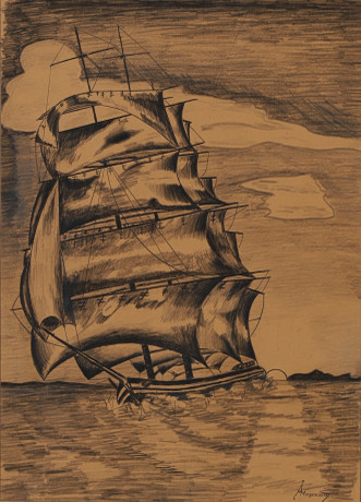 OIDENTIFIERAD KONSTNÄR. Full rigger, drawing, signed Å. Magnusson. Art ...