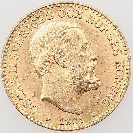COIN, 10 kroner, gold 21.6K, Oscar II, Sweden, 1901, weight 4.47 grams ...