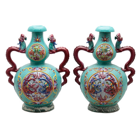 Pareja de jarrones calabaza en porcelana "familia rosa", con asas en ...