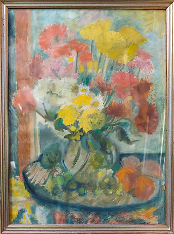 GUTBROD WALTER. Flower still life with fruit, oil on parchment paper ...