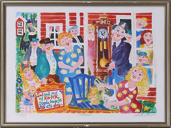 GUNILLA MANN. "Auction", color lithograph, numbered 201/360, signed ...