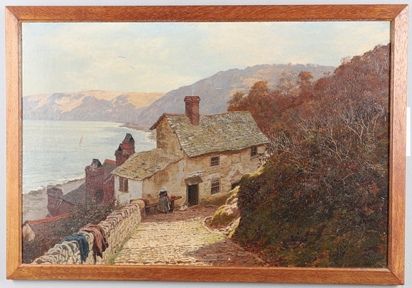 EDWARD WILKINS WAITE, RBA (1854-1924). FIGURE BY A COTTAGE ON A COBBLED ...