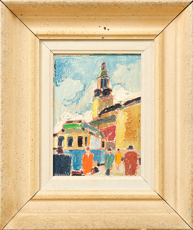 WILHELM HENNING. Göteborgsmotiv med spårvagn, olja på pannå, signerad ...