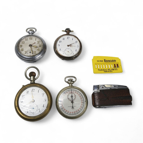 POCKET WATCH, STOPWATCH AND RONSON LIGHTER silver/metal, 5 pieces ...