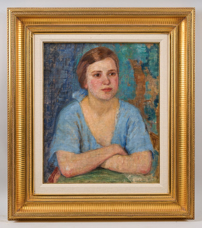 MARIA WIIK. Young lady in blue suit, signed, oil on canvas. Art ...