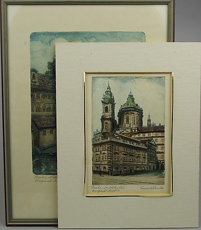 EMIL WANKE. Cityscapes from Prague, 2 color etchings, one without a ...